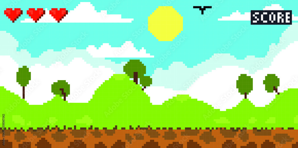 Landscape natural pixelated game background vector illustration. Stock ...