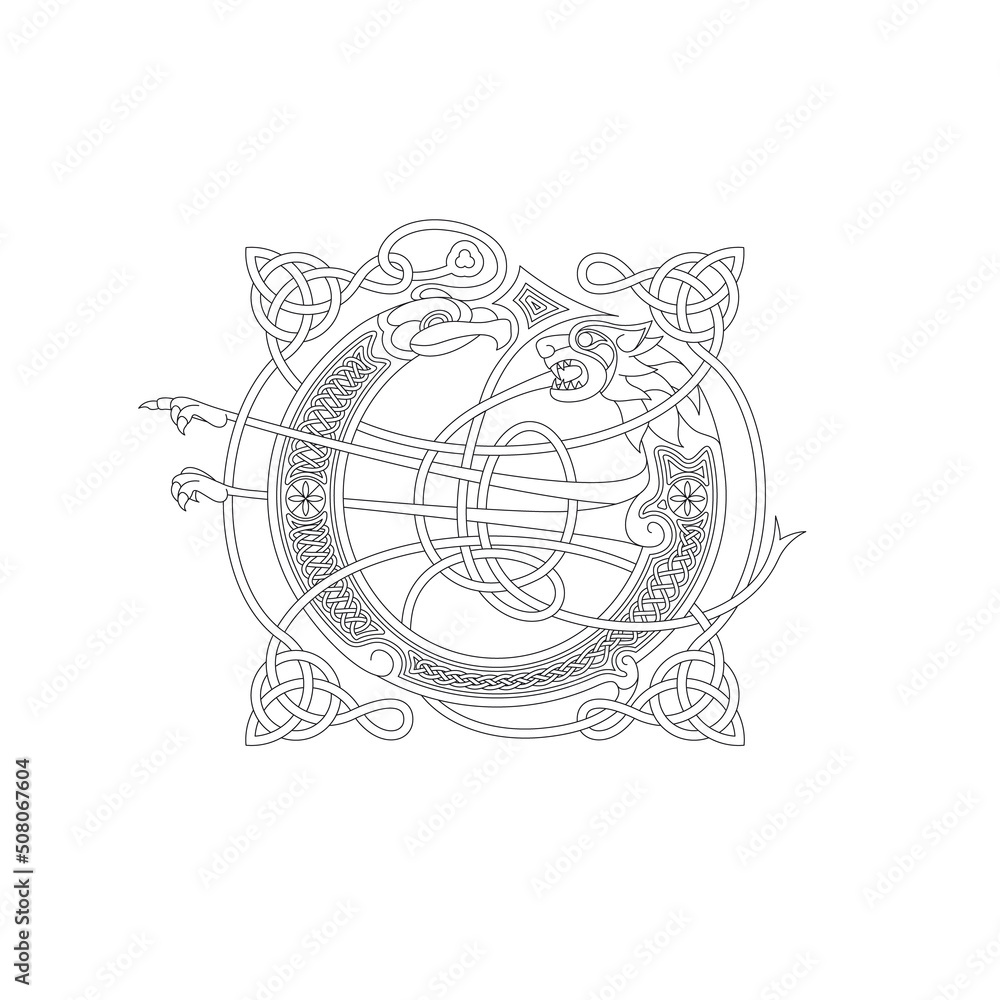 Line Drawing of a Medieval Initial Letter O combining animal body parts ...