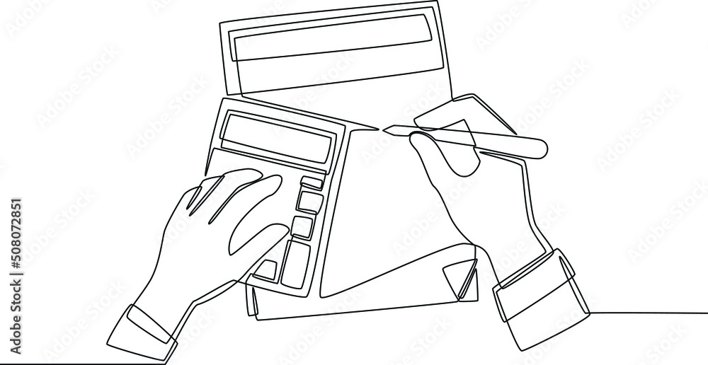 Single one line drawing businessman calculating revenue and cost with ...