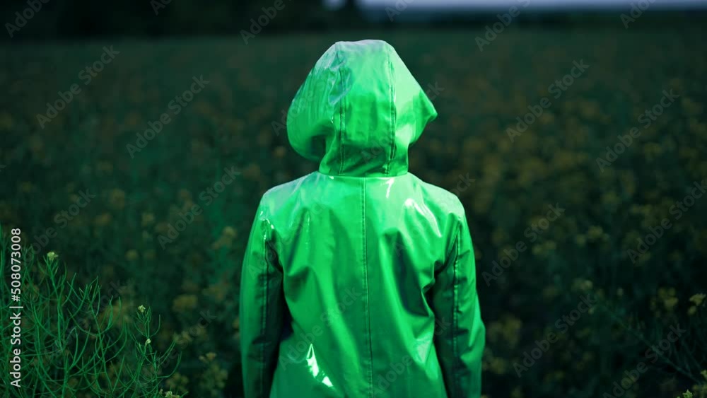 Spooky alien walking in field. Scary footage of arrived on planet Earth ...