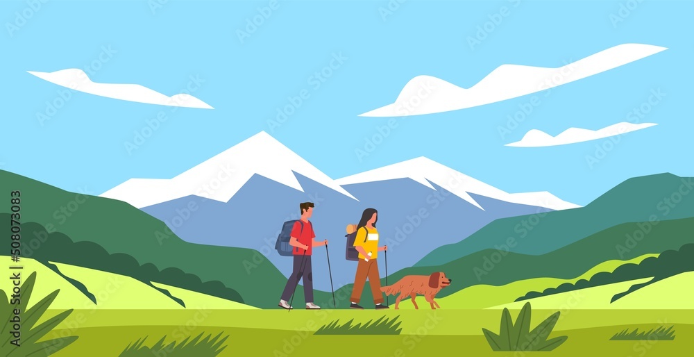 Cartoon people hike. Tourist couple and dog, summer mountains landscape ...