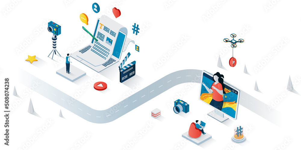 Blogging Concept 3d Isometric Web Banner People Writing Articles
