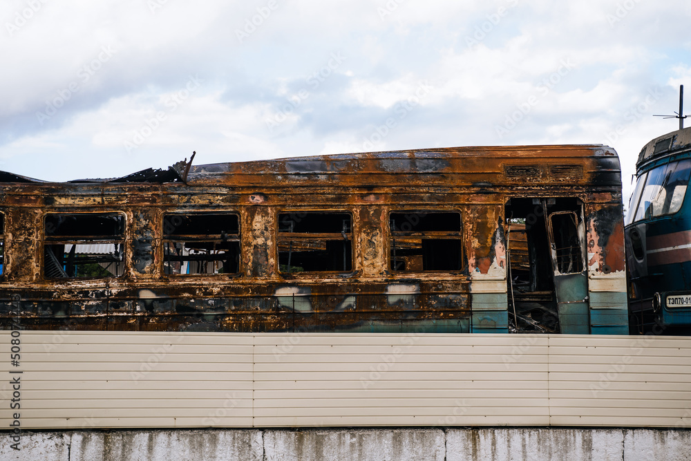 Exploded trains and wagons at the railway station in the city of ...