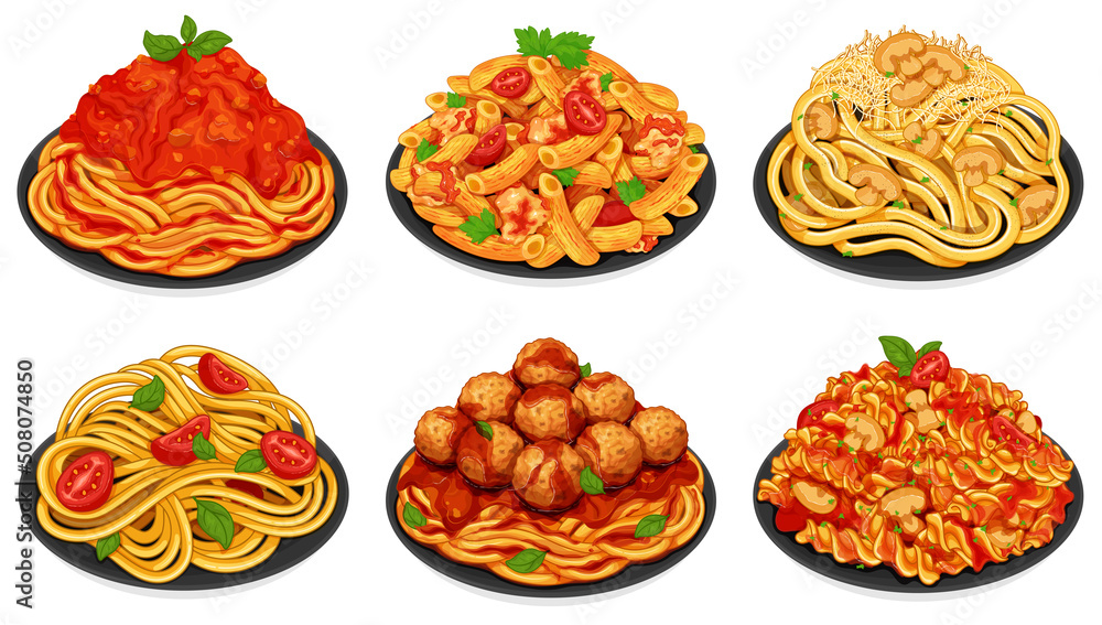 Italian pasta noodles set menu. Italian noodles food recipes collection ...