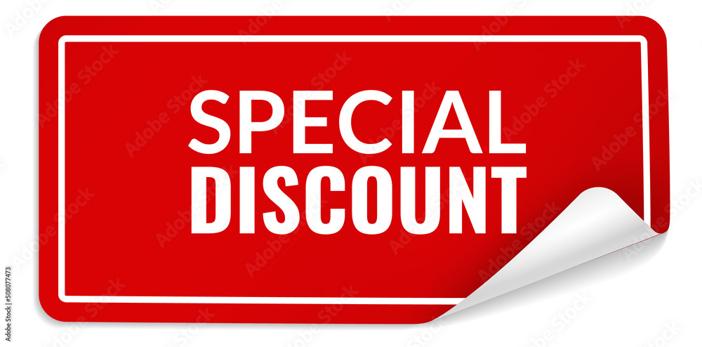 Special discount. Red rectangular sticker with curled edge and white ...