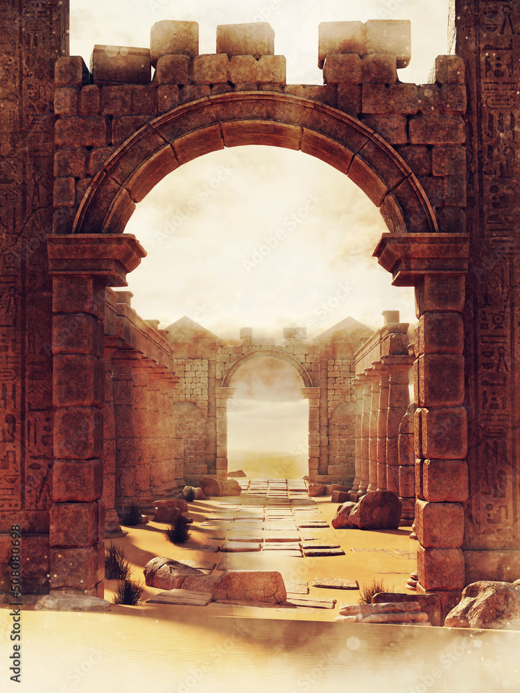 Fantasy scene with an arch in a ruined ancient Egyptian temple in the ...