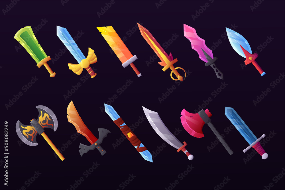 Game sword. Fantasy weapon. RPG arms types. Dagger and knife. Fantastic ...