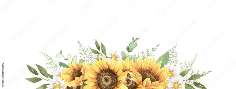 Rustic sunflowers design. Trendy floral border. Natural greenery ...