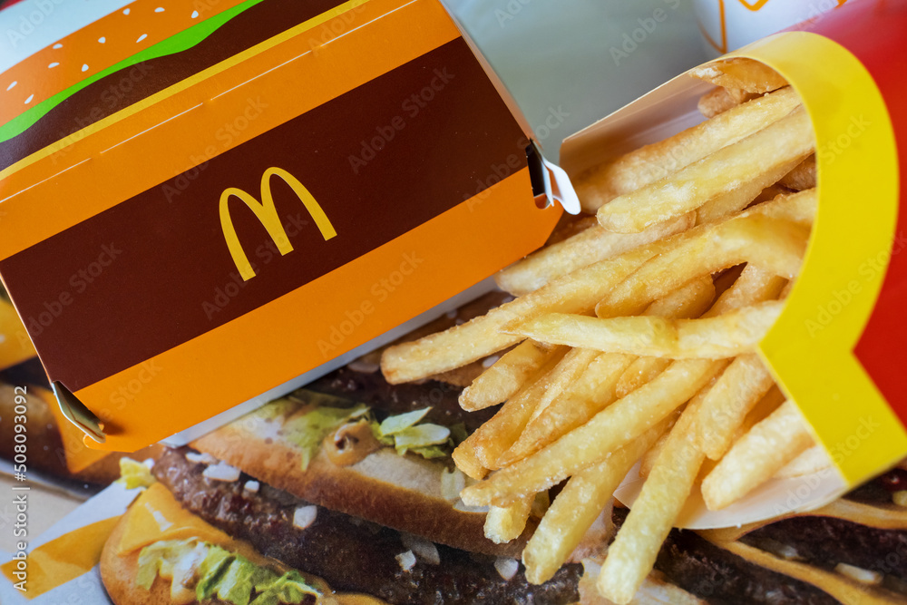 Big Mac Box with McDonald's logo and French fries in McDonald's ...