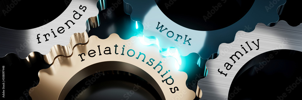 Friends, work, family, relationships - gears concept - 3D illustration ...