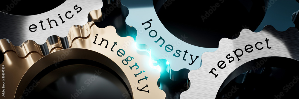 Ethics, honesty, integrity, respect - gears concept - 3D illustration ...