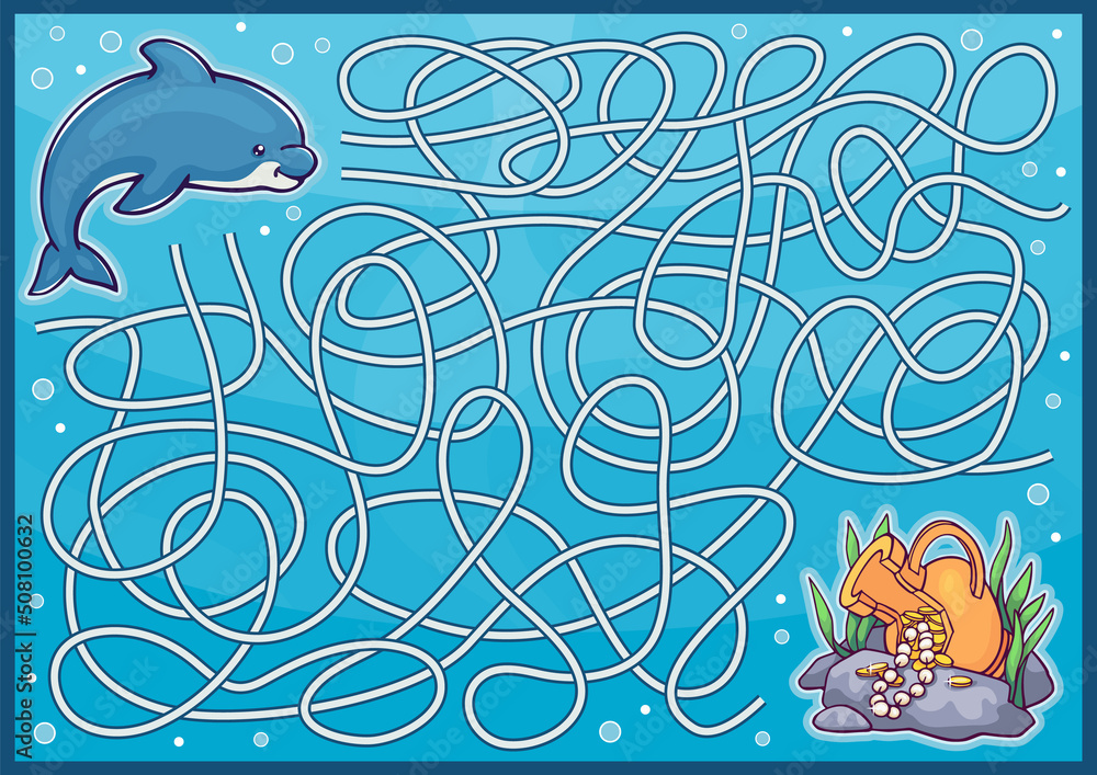 Kids maze game with cute cartoon dolphin. labyrinth with road to ...