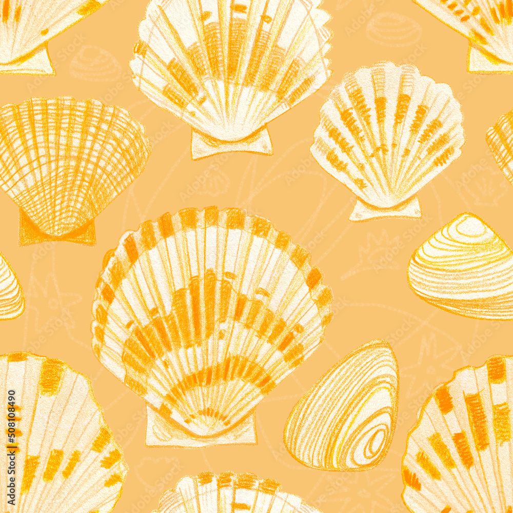 Seamless pattern composed from sea shells drawn with colored pencils on ...