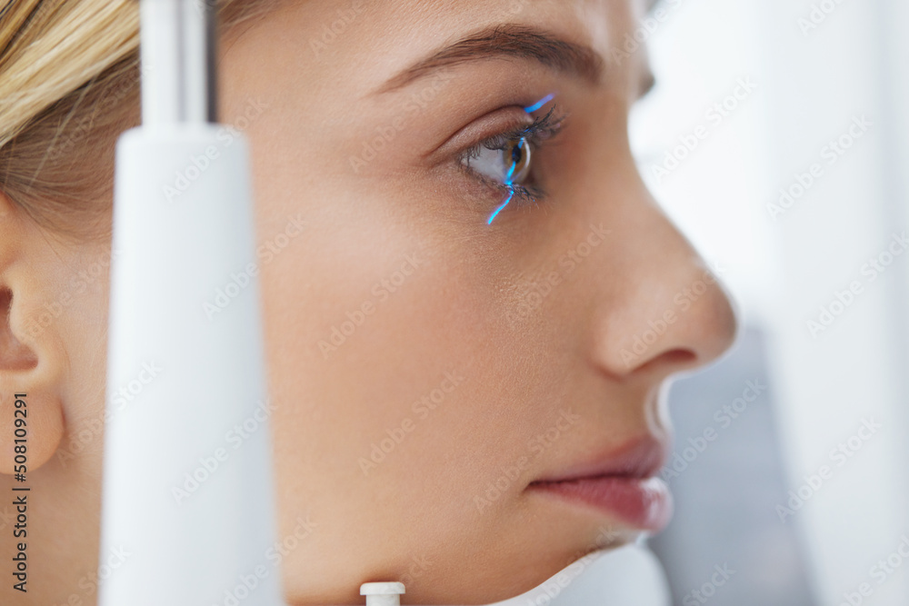 Eyesight Exam. Woman Checking Eye Vision On Optometry Equipment. Girl ...