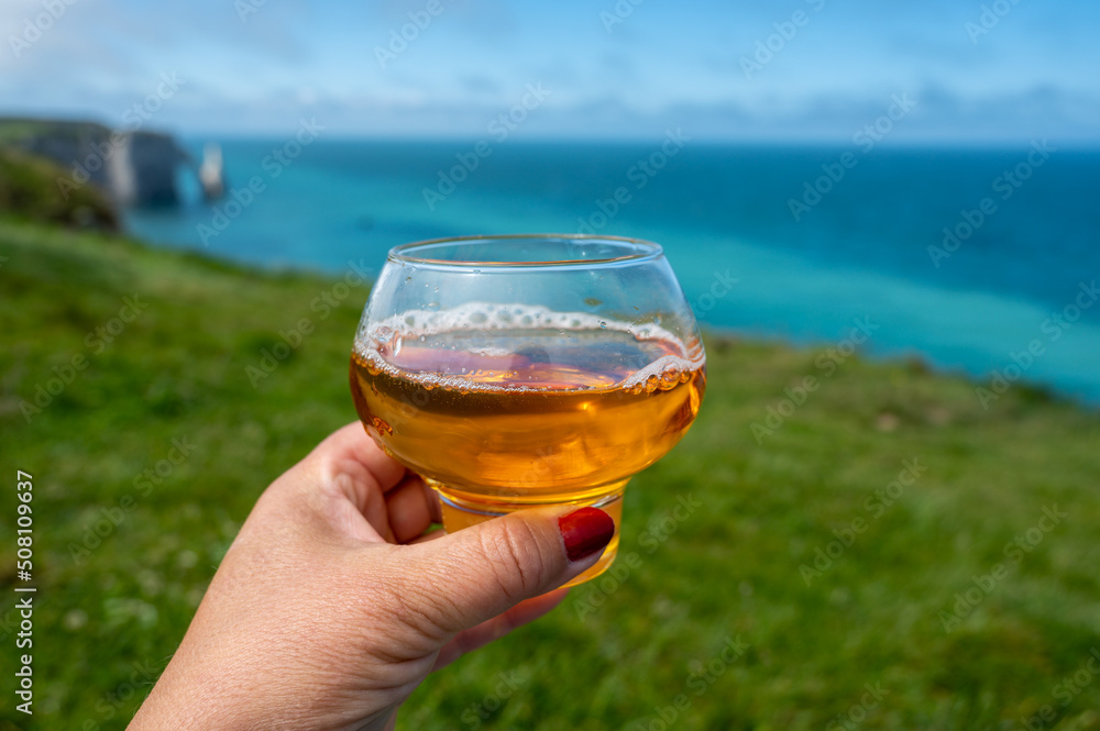 Woman's hand with glass of apple cider drink and view on on green grass ...