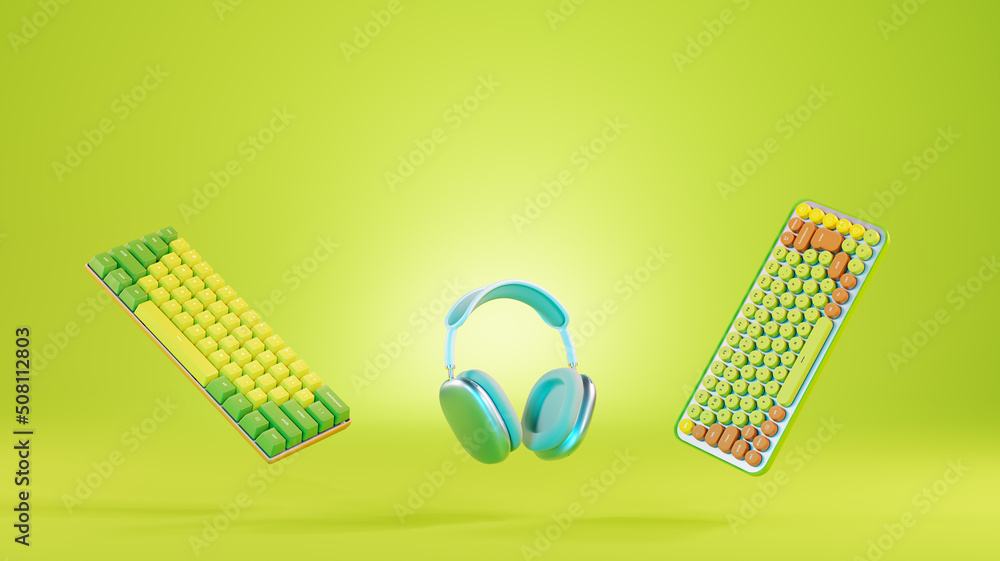 Flying Keyboard and Headphones, 3d render. Advertising of gaming ...