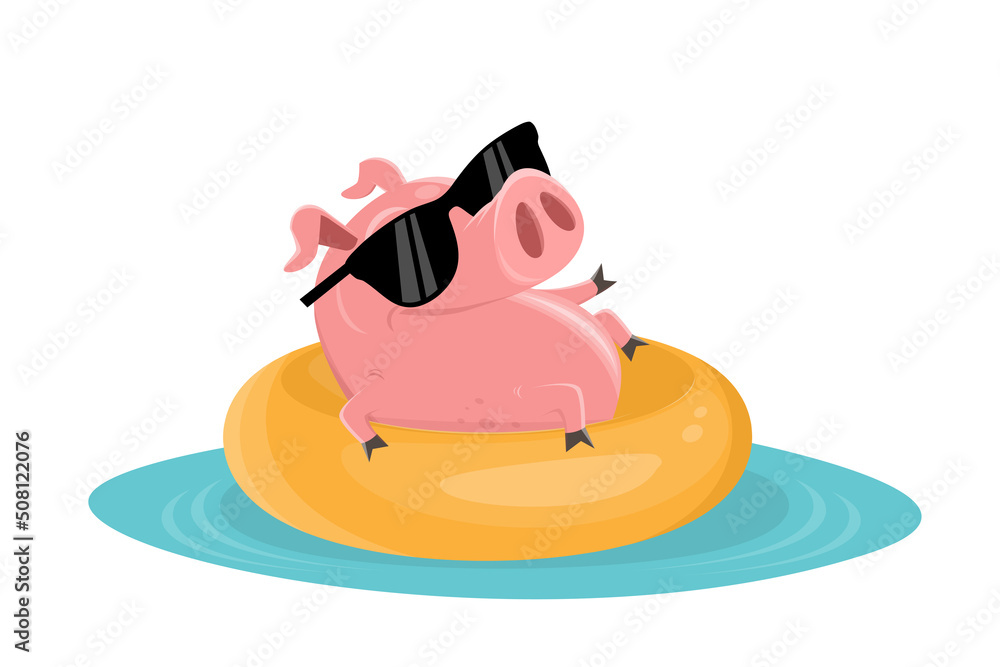 funny cartoon illustration of a pig on a floating tire Stock Vector ...