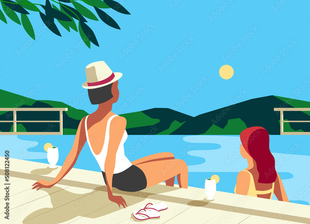 Girls couple rest in tourist resort swimming pool vector. Moutain ...