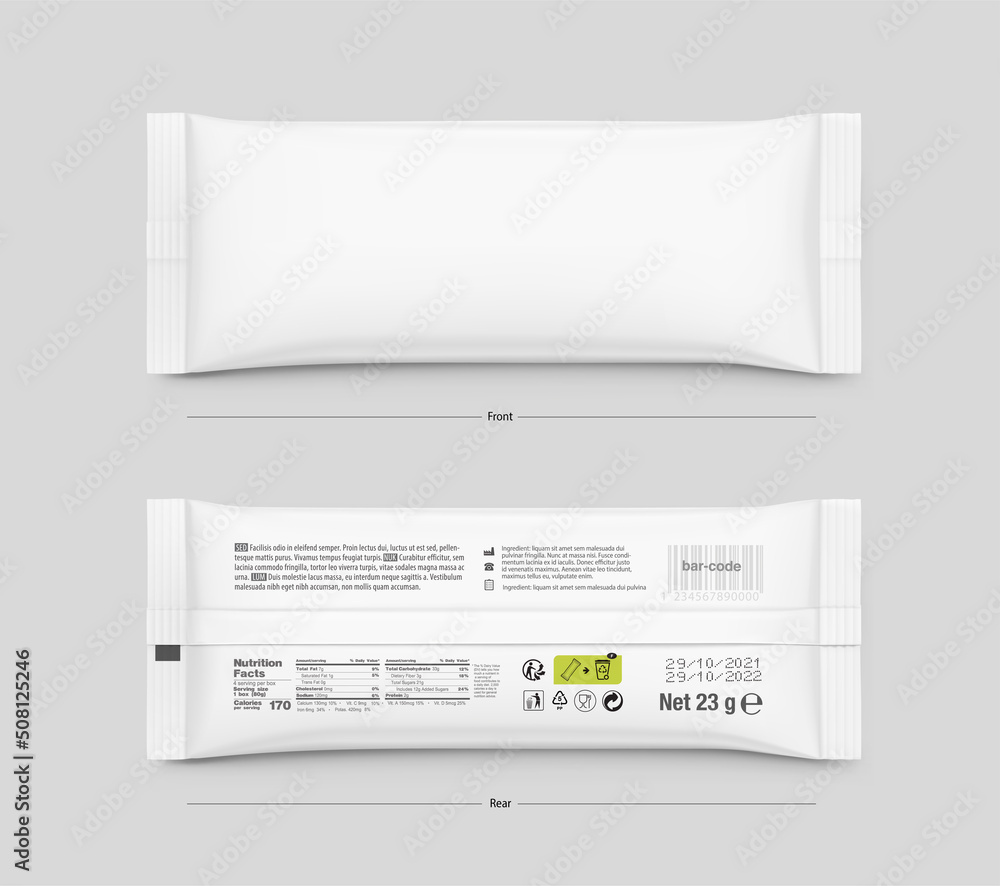 Realistic flow bag mockup. Vector illustration. Front and back view ...