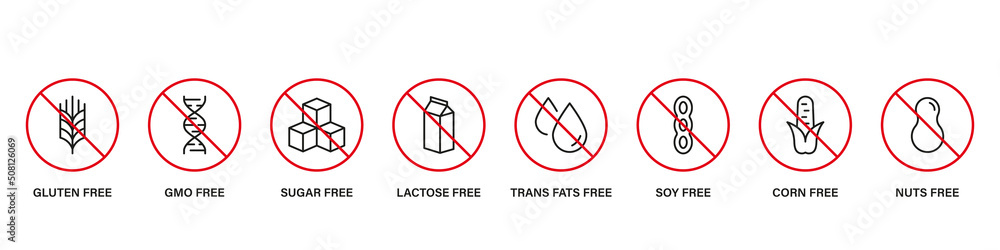 Free Allergen Ingredient Line Black Icon Set. No Sugar, GMO, Gluten ...