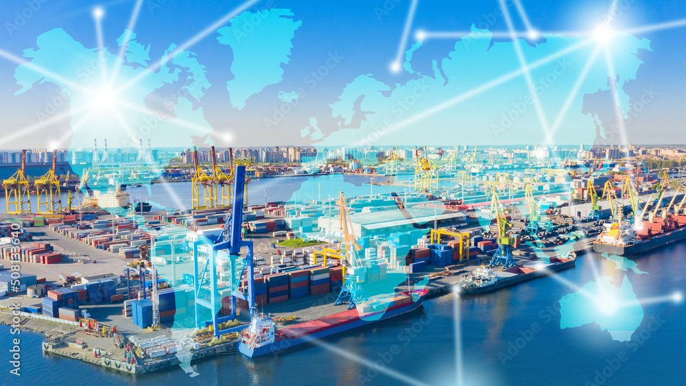 Large cargo port. Cargo harbor for unloading container ships. Empty ...