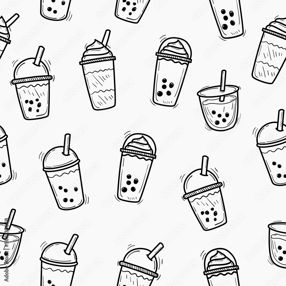 Bubble milk tea seamless pattern in cute doodle drawing style with a ...