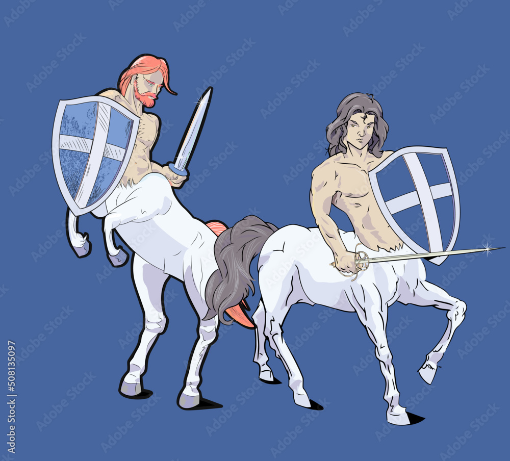 vector illustration of two centaurs with medieval swords and shields ...