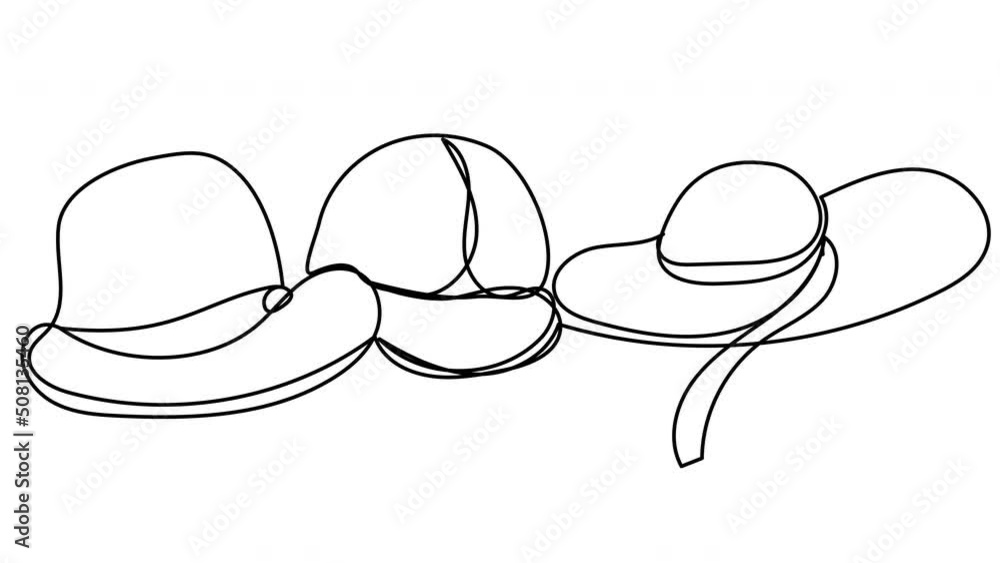 Self-drawing of three women's hats in one line on a white screen ...