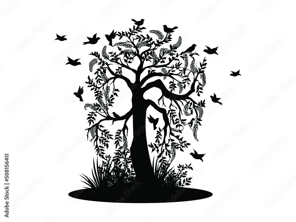 Bird Tree with Roots Icon Vector illustration. Tree with branch leaves ...