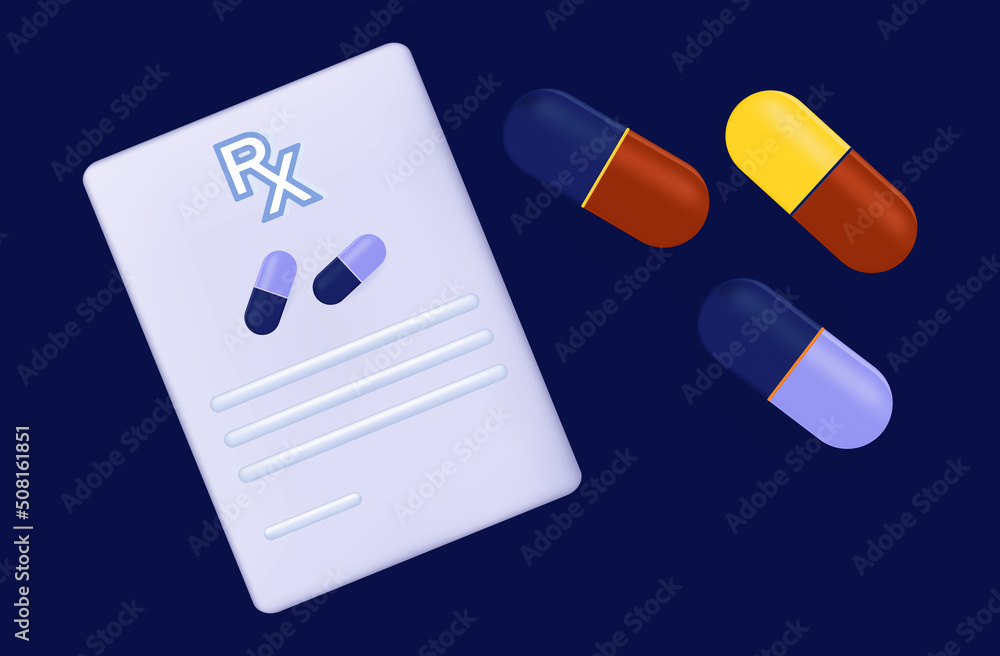Pill and prescription rx, pharmaceutical banner 3d. Medicine capsules ...