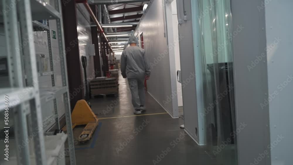 working man walks down the hall in a food factory. factory worker is ...