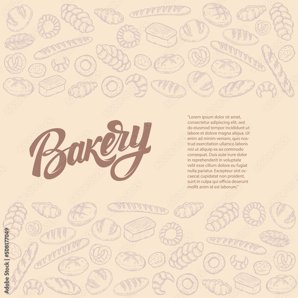 Bakery background with hand drawn bread illustrations. Design element ...