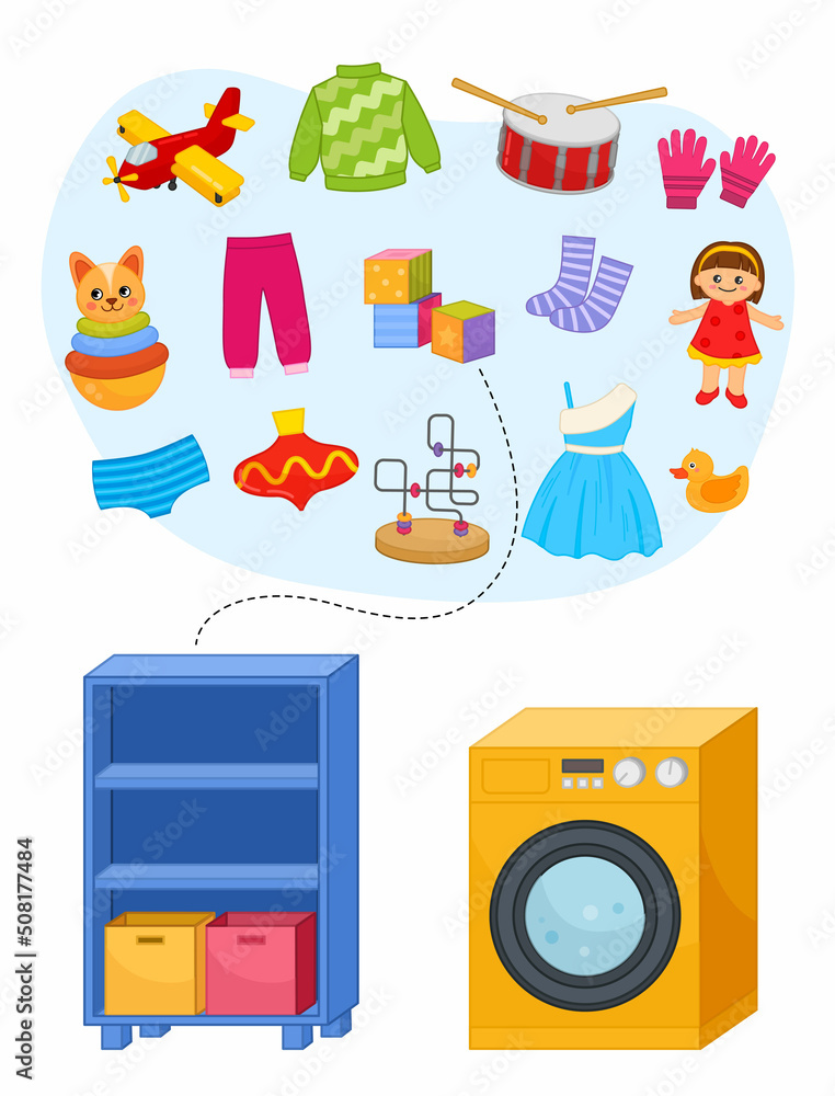 Matching children educational game. Put the toys in the closet, on the ...