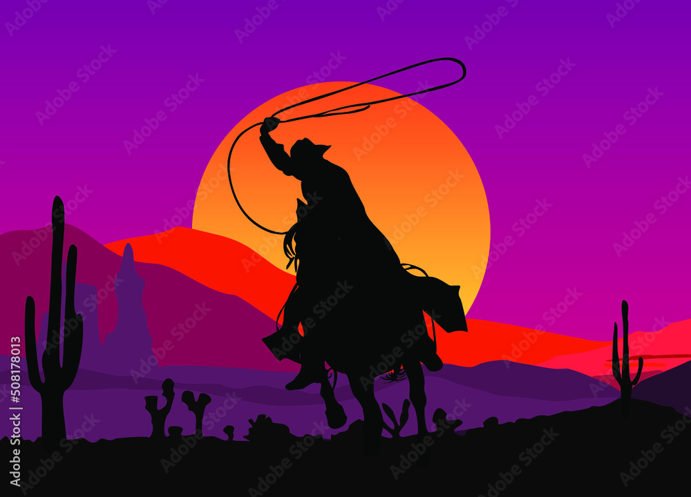 Cowboy figure silhouette in horse with lasso sunset landscape scene ...