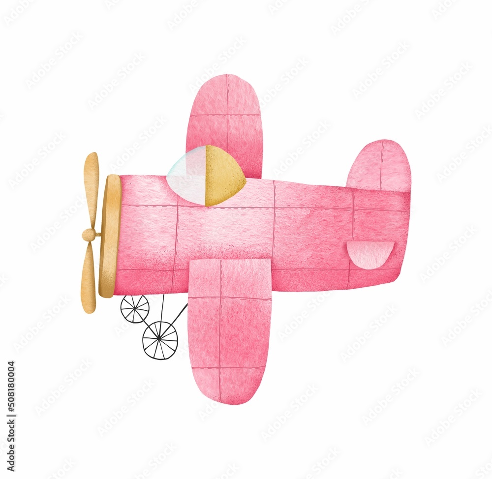 Cute cartoon pink watercolor airplane. White background. Stock ...