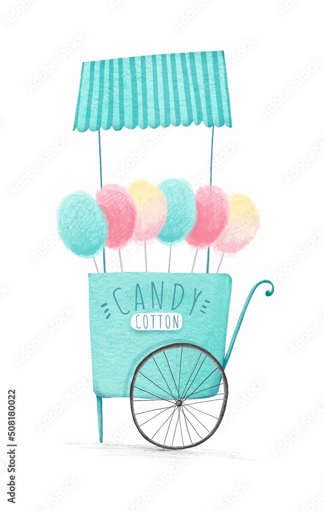 Cute cartoon cotton candy cart. White background. Stock illustration ...