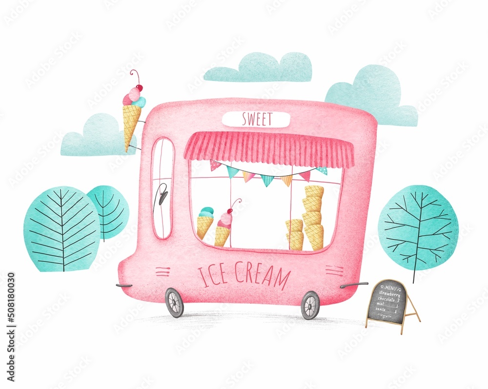 Cute cartoon ice cream truck on white background. Pink ice cream bus ...