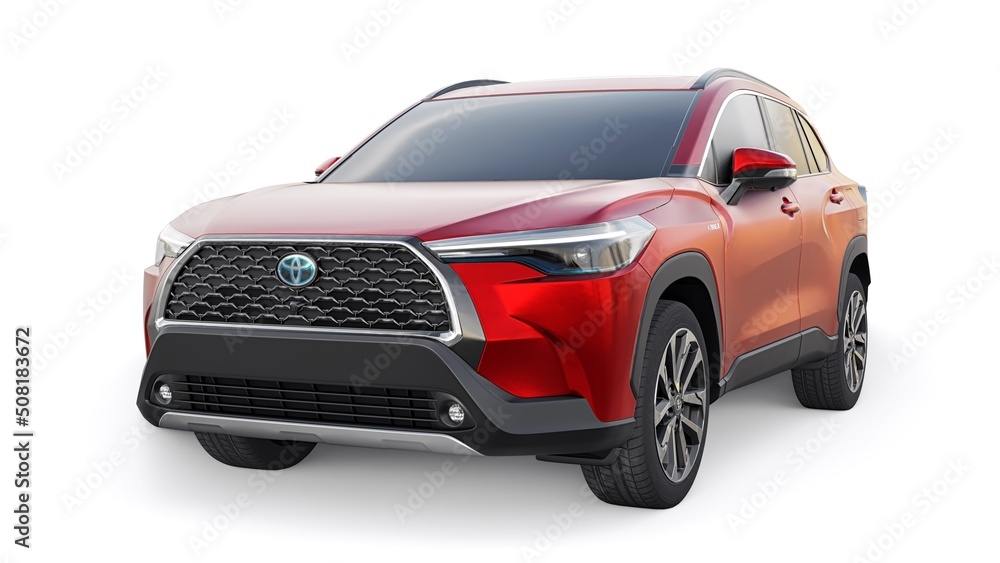 Tokyo, Japan. April 19, 2022: Toyota Corolla Cross 2020. Compact red ...