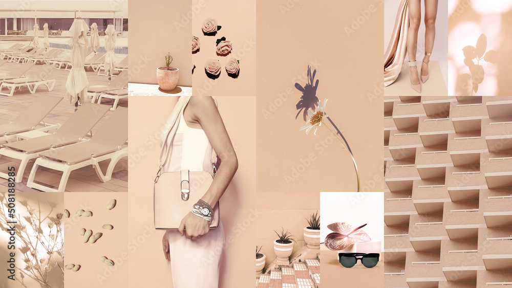 Set of trendy aesthetic photo collages. Minimalistic images of one top ...