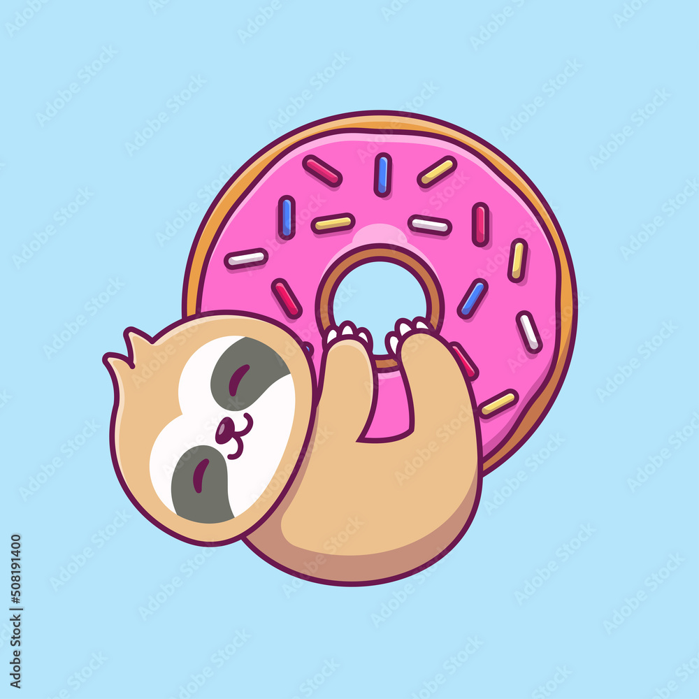 Cute Sloth Hug Big Doughnut Cartoon Vector Icon Illustration. Animal ...