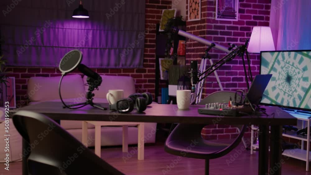 Nobody in podcast home studio with microphone boom arm and audio ...