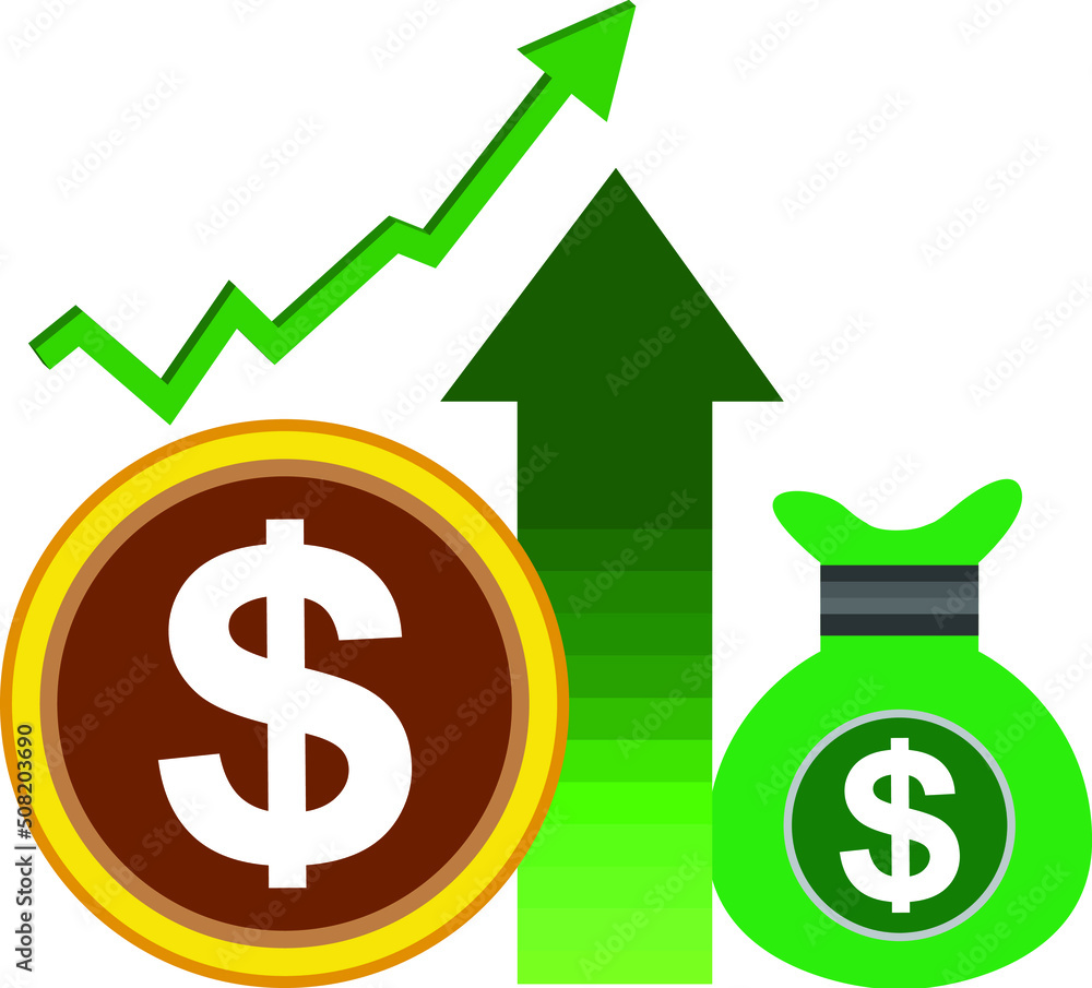 Dollar coin, increase arrow, and dollar bag illustration of the icon ...
