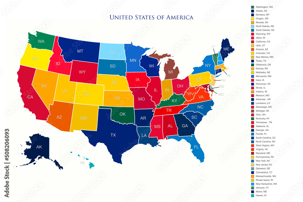 United States of America colorful map with states and borders ...