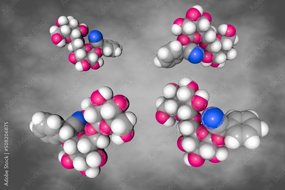 Space-filling molecular models of laetrile or vitamin B17. Atoms are ...