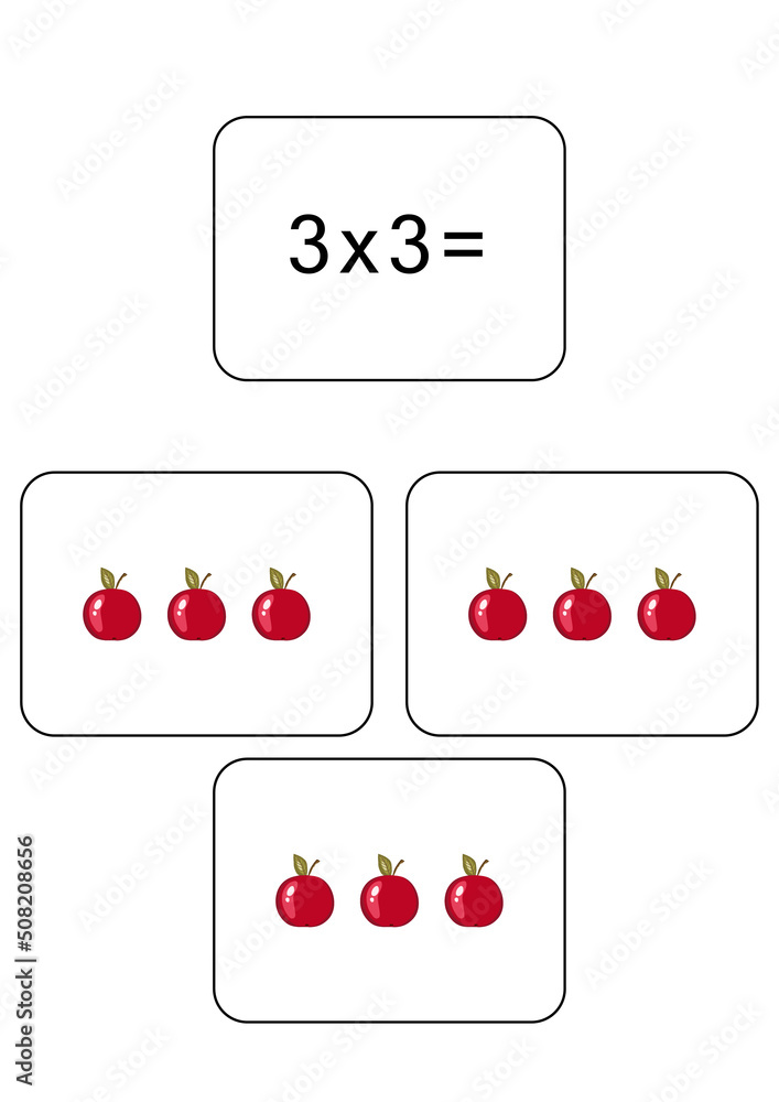 Multiplication table of 3. Maths card with an example, drawing ...