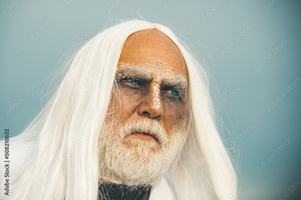 Serious character evil man. Bearded man dressed like Halloween monster ...