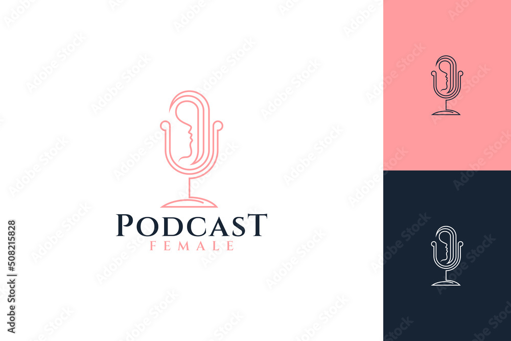 Podcast female logo, microphone combination with women head or face in ...