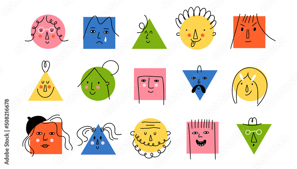 Doodle geometric people. Bright cute funny faces, social media user ...