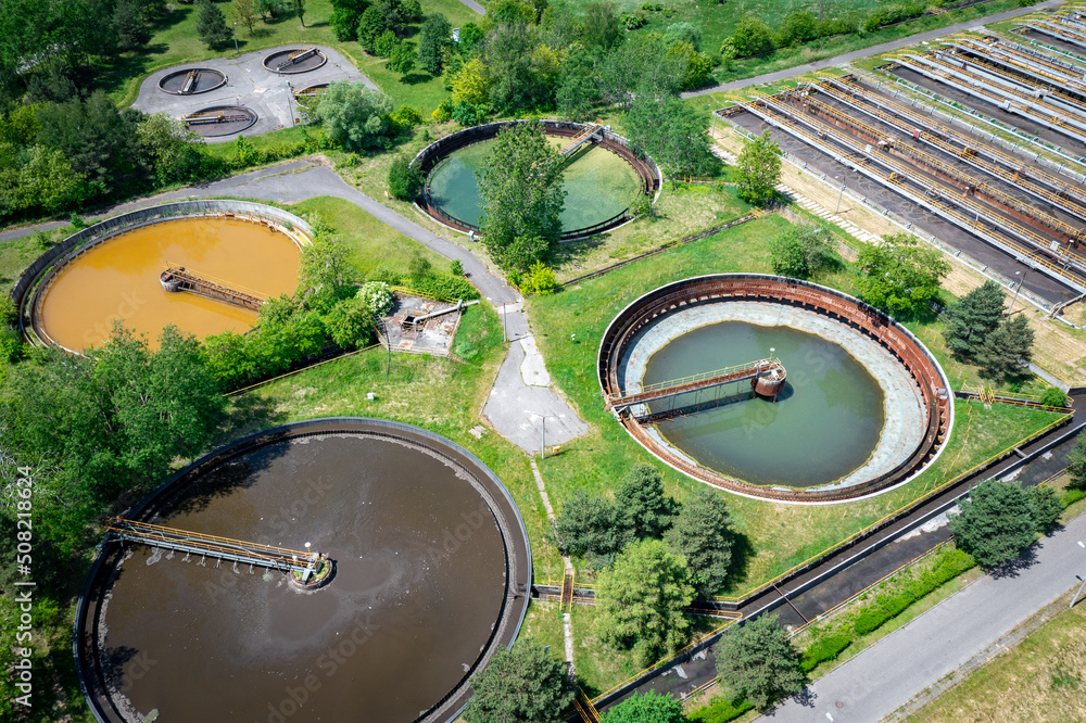 Sewage farm. Aerial photo looking down onto the clarifying tanks and ...