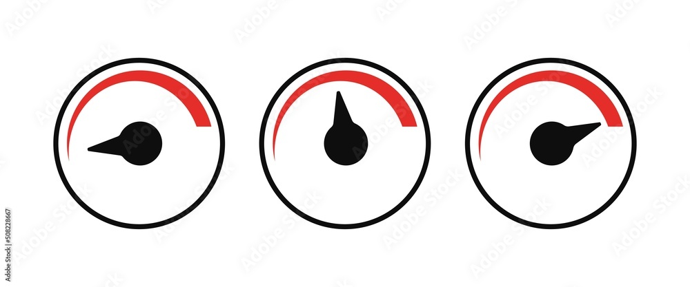 Speedtest set icon. Circle with arrow and scale. Minimum, average and ...